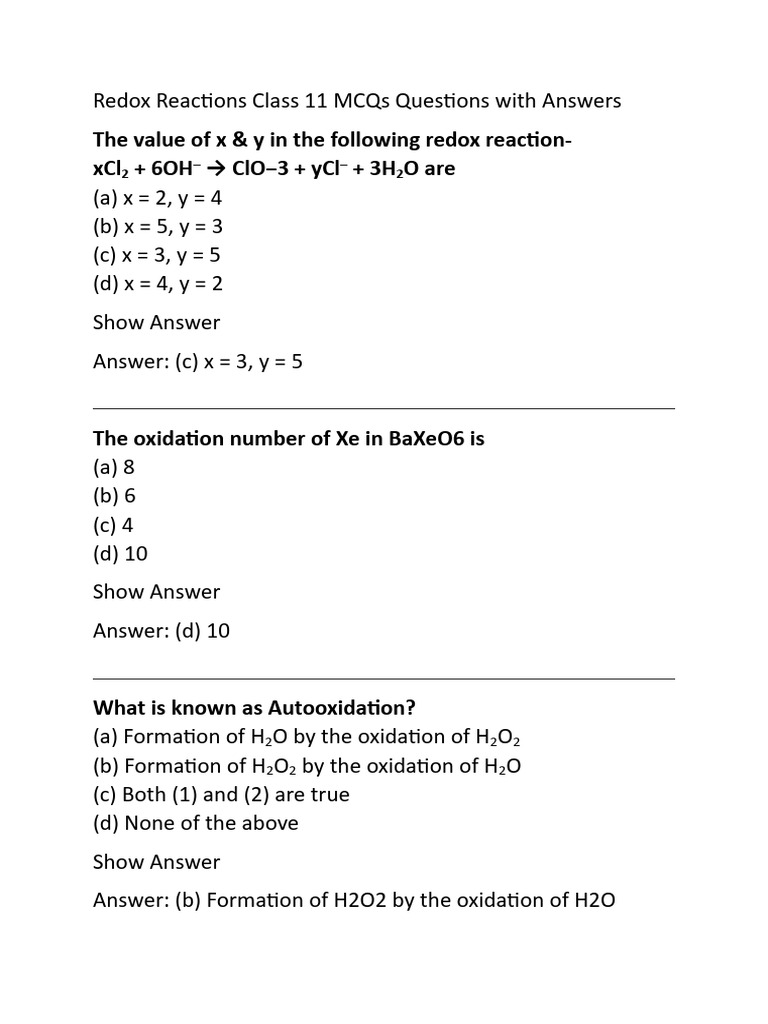 Redox Reactions Class 11 MCQs Questions With Answers | PDF