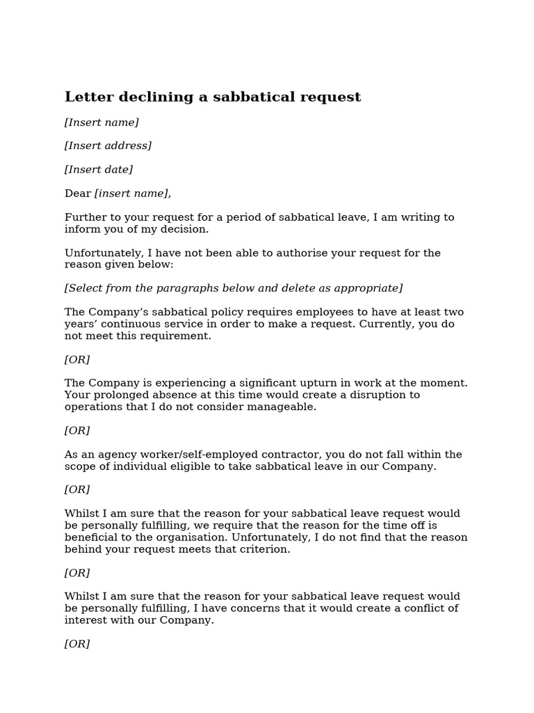 Letter Declining A Sabbatical | PDF | Career & Growth