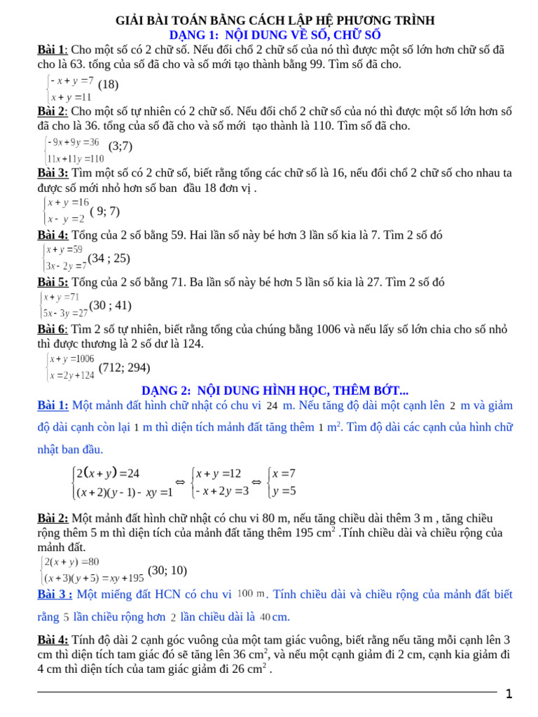 Bai Tap Giai Bai Toan Bang Cach Lap He Phuong Trinh Lop 9 Co Dap An | PDF