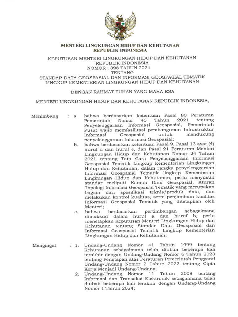 SK 398 Tahun 2024 Tentang Standar DG Dan IGT Lingkup KLHK | PDF