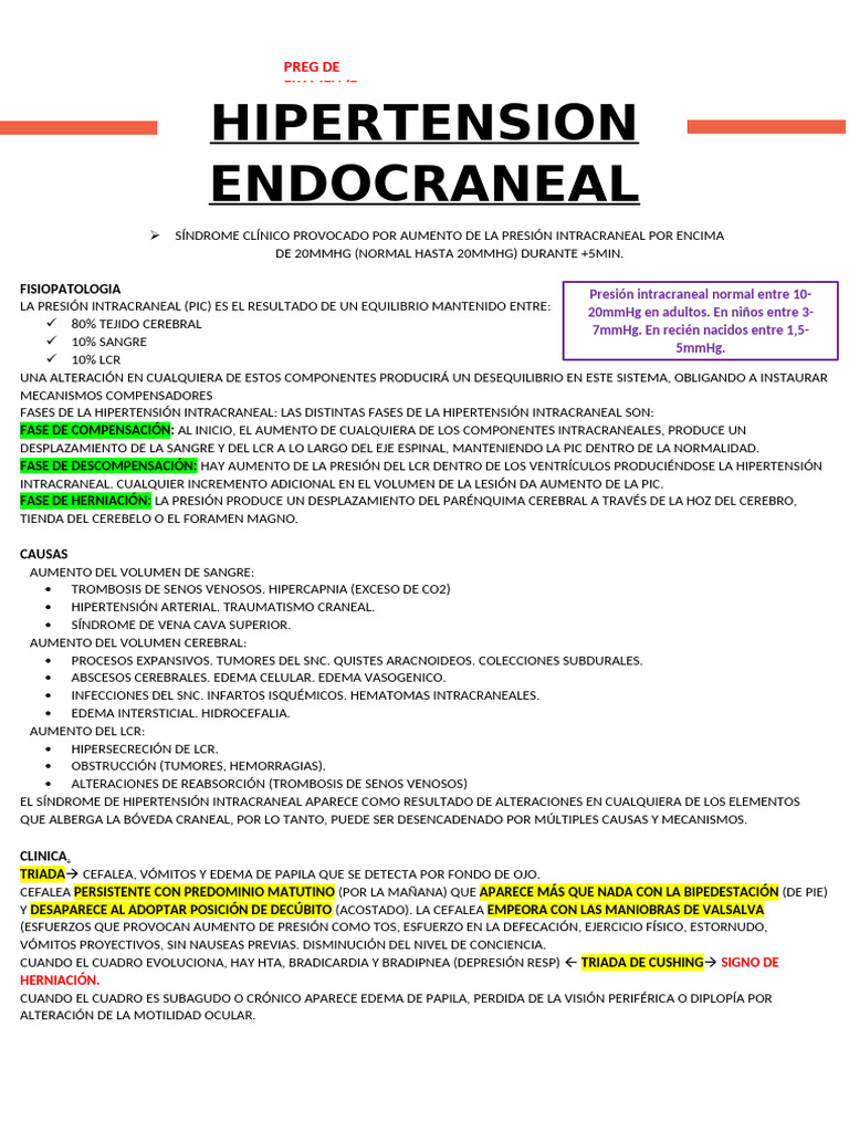 HIPERTENSION ENDOCRANEAL Resumen | PDF