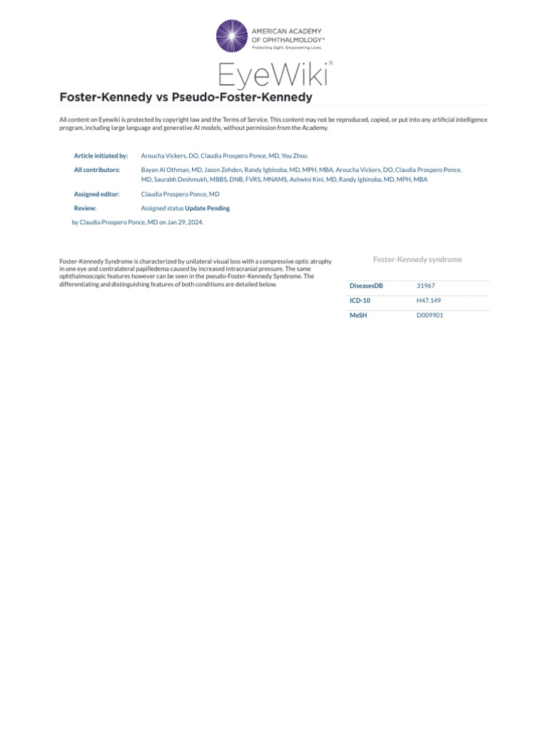 Foster-Kennedy Vs Pseudo-Foster-Kennedy - EyeWiki | PDF
