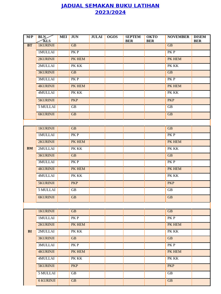 Jadual Semakan Buku Latihan | PDF