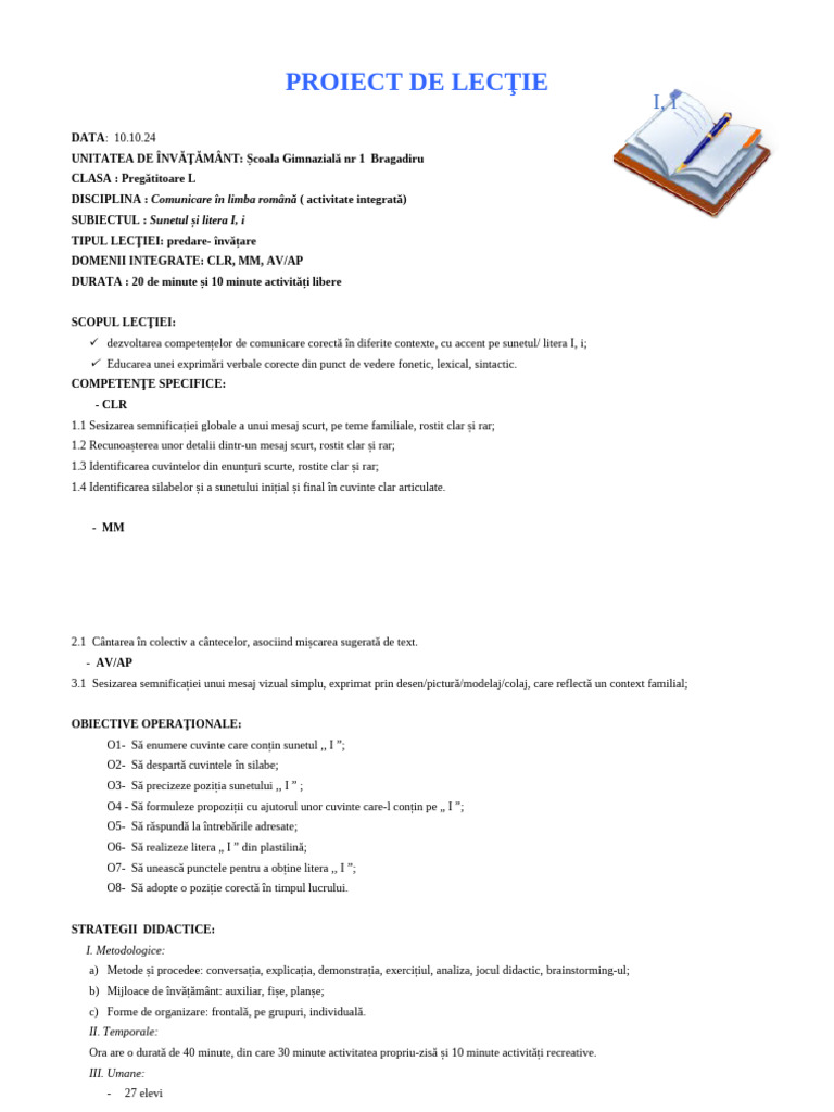 Proiect Didacticclr Sunetul Si Litera I I | PDF