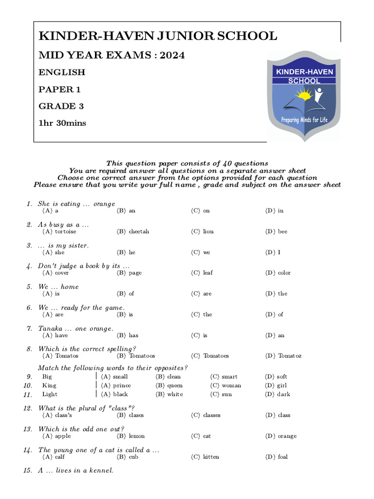 G3 English Paper 1 Kinder-Haven | PDF