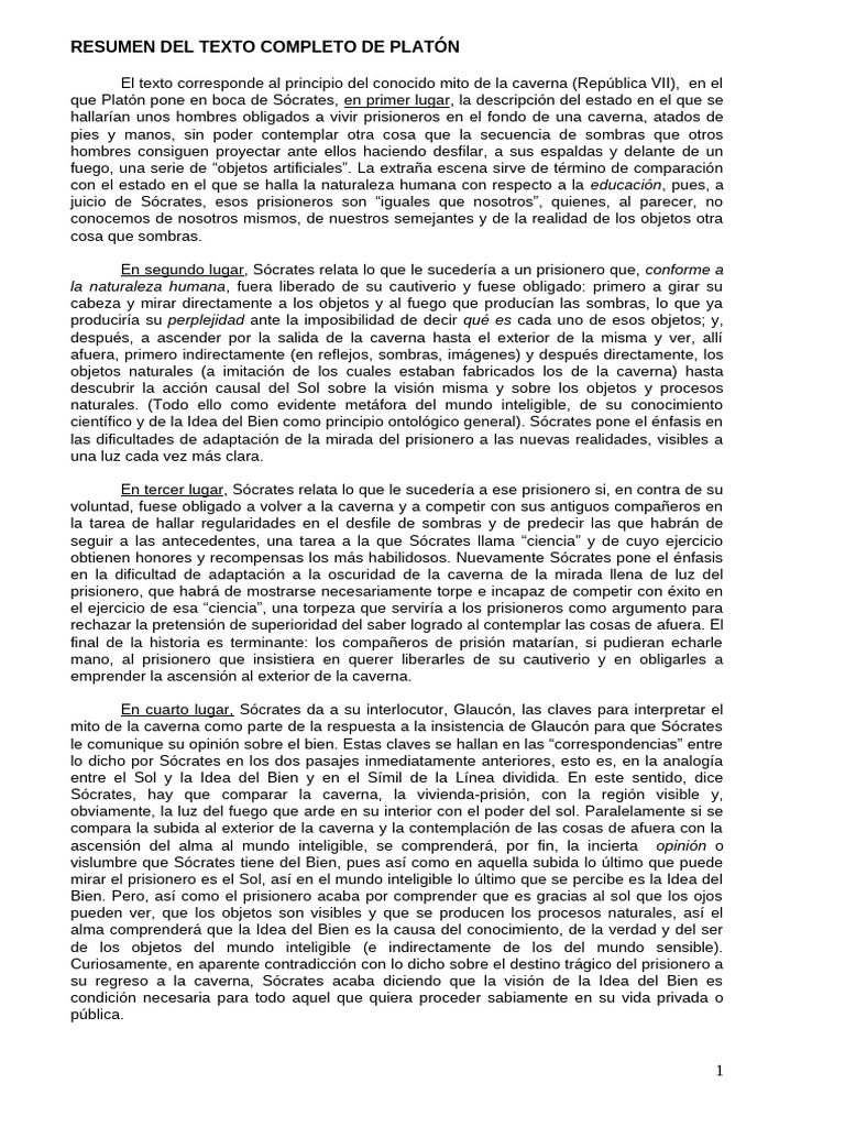 Resumen del Mito de la Caverna de Platón | PDF | Platón | Conocimiento
