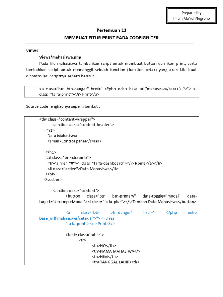 Pertemuan 13 - Membuat Fitur Print Pada Codeigniter | PDF