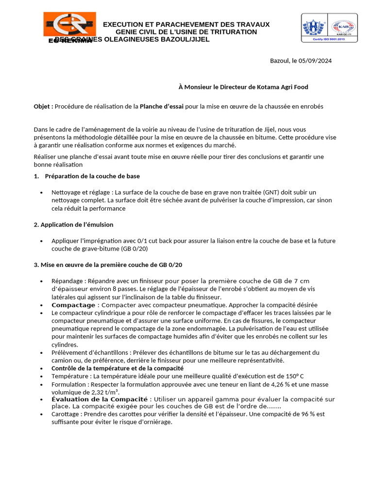 6-1 PROCEDURE MISE EN OEUVRE ENROBES ET PLANCHE D ESSAI | PDF
