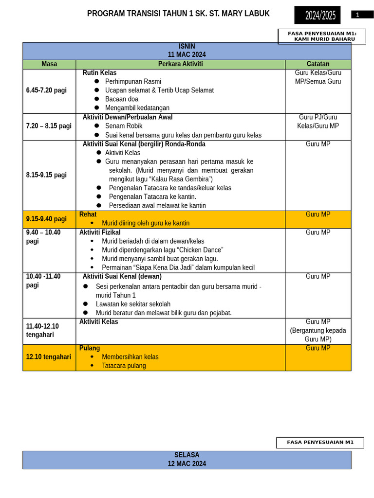 Jadual Transisi Tahun 1 2024 | PDF