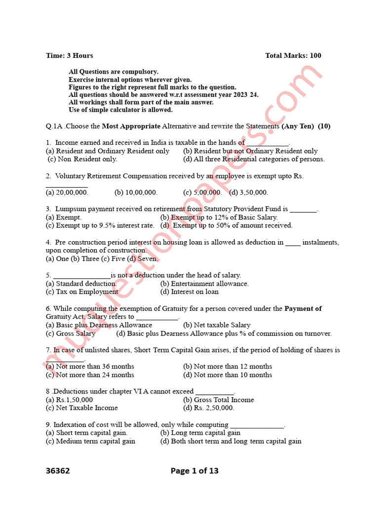 Commerce - Bcom Bachelor of Commerce - Semester 5 - 2023 - November - Direct Indirect Taxation ...