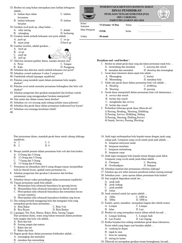 Master Soal PTS PJOK 6 2024 | PDF