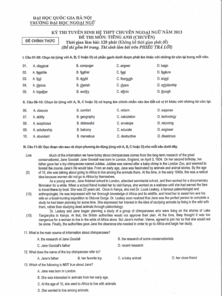 De Thi Tieng Anh Vao Lop 10 THPT Chuyen Ngoai Ngu Nam 2013 Co Dap An | PDF