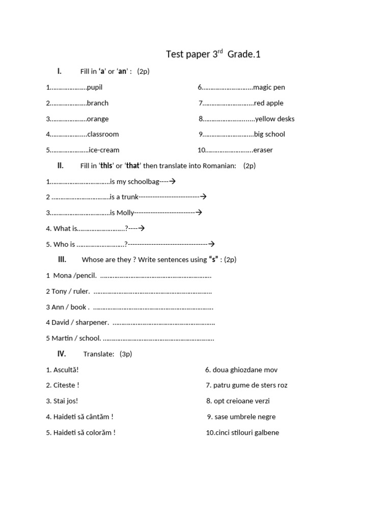 Test Paper 3rd Grade.1 | PDF