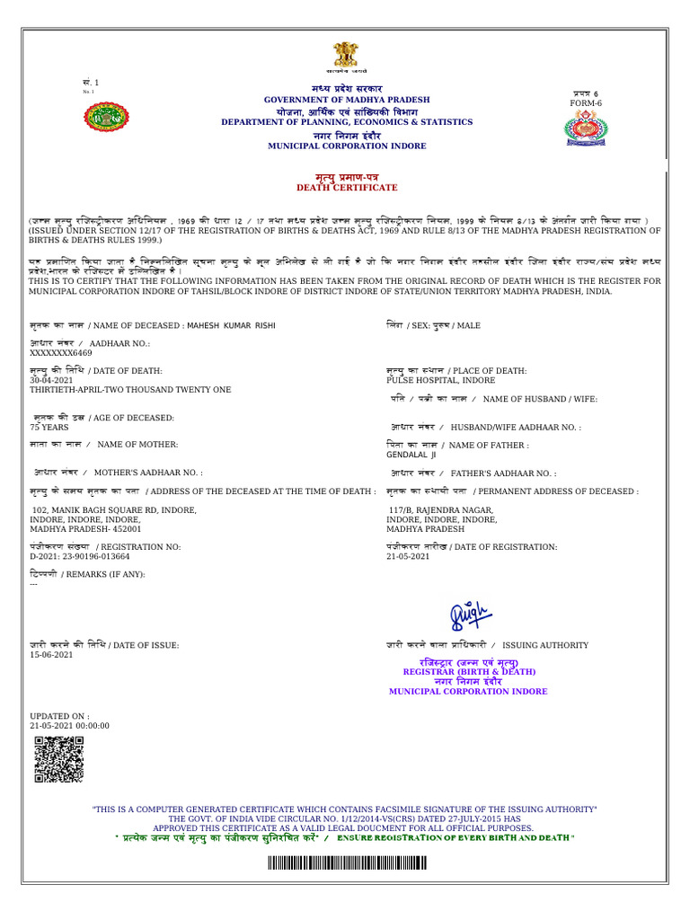 MAHESH KUMAR RISHI_Death certificate | PDF MAHESH KUMAR RISHI_Death certificate | PDF