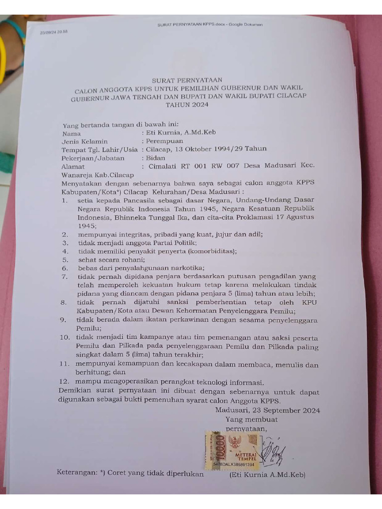 Surat Pernyataan Eti | PDF