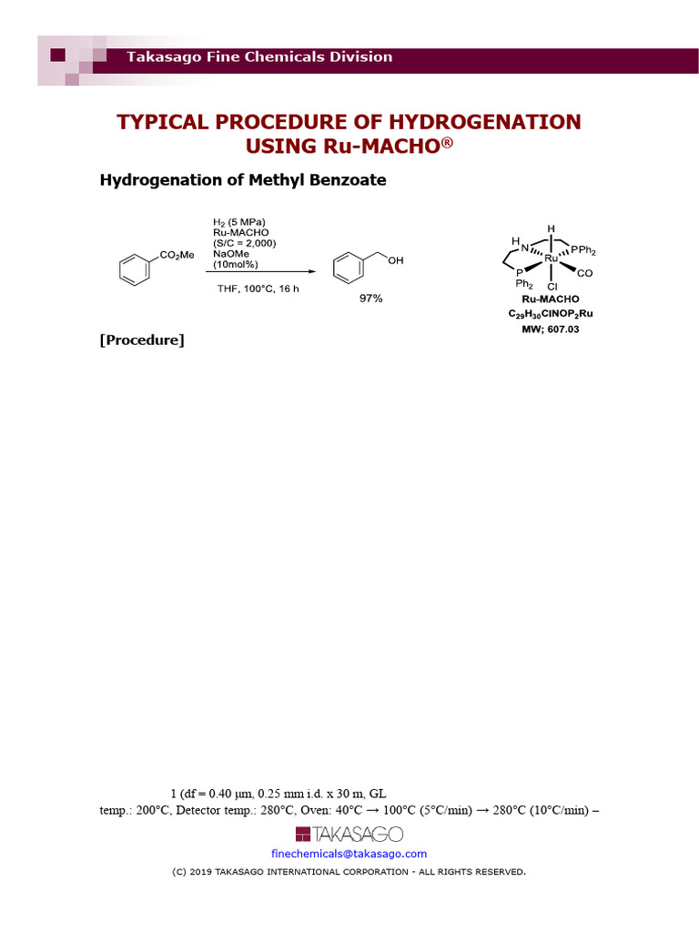 Typical Procedure of Hydrogenation Using Ru-Macho | PDF