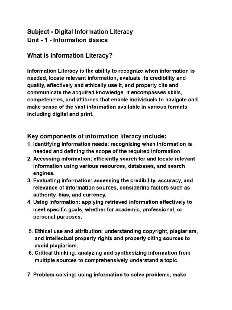 Digital Information Literacy Unit 1 To 6 | PDF