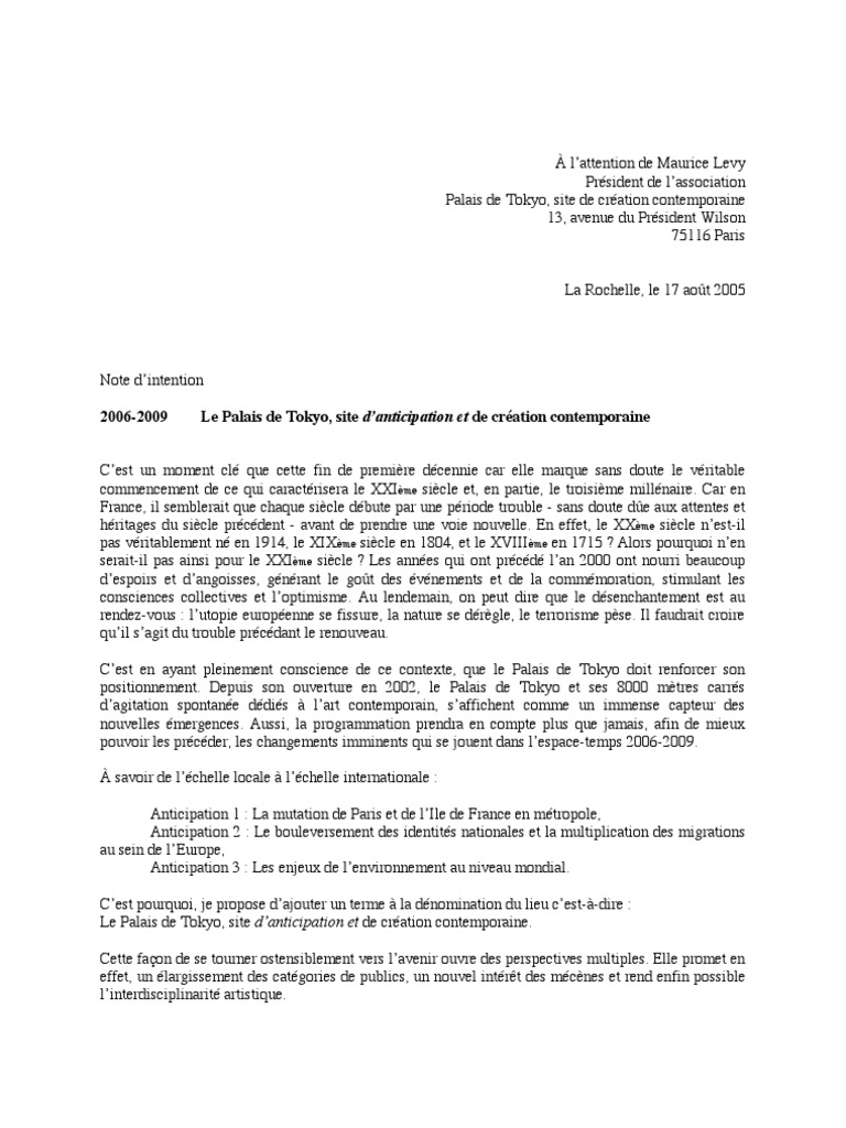 Note D'intention - Palais de Tokyo 2005 | PDF | Musée | Mécénat