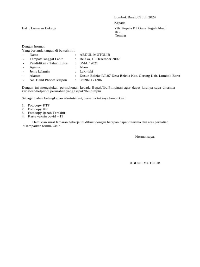 SURAT LAMARAN GTT.PTT[1] | PDF
