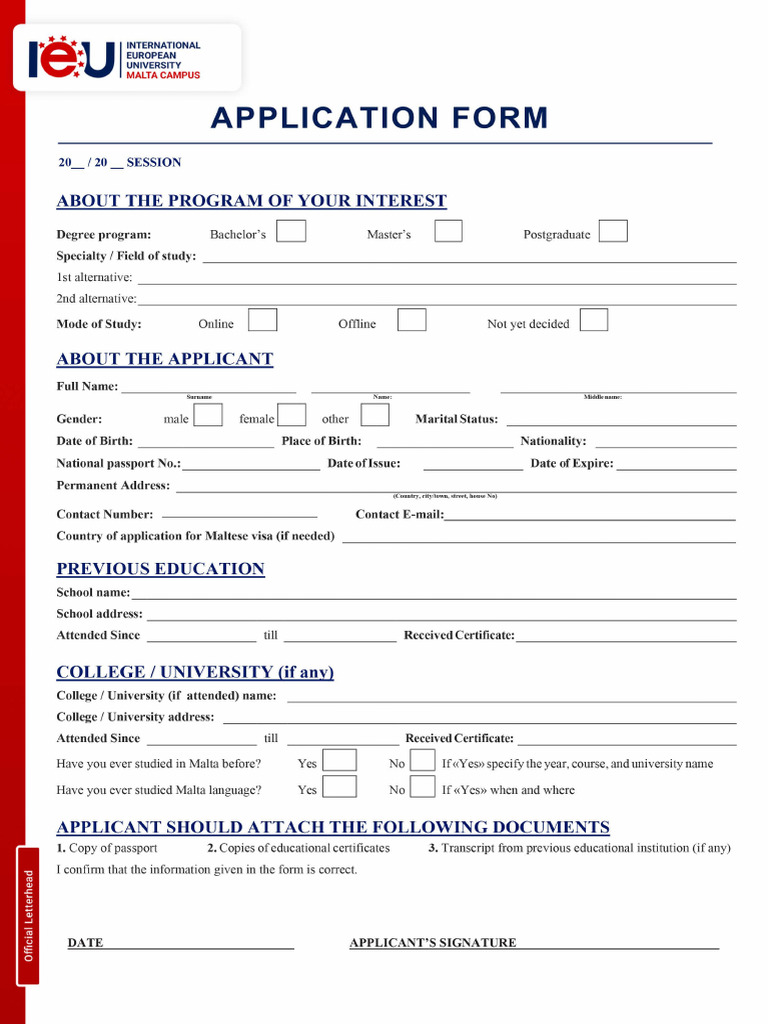 IEU Application Form Malta | PDF