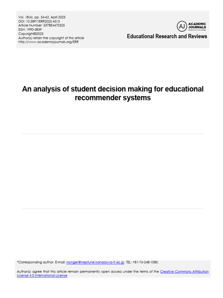 An Analysis of Student Decision Making For Educational Recommender Systems | PDF