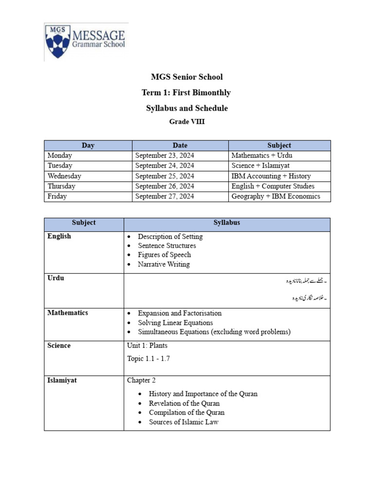 Grade 8 Schedule N Syllabus-1st Bimonthly 2024 | PDF