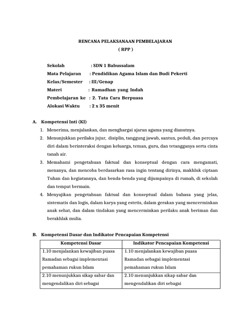 RPP Pai Tentang Puasa | PDF