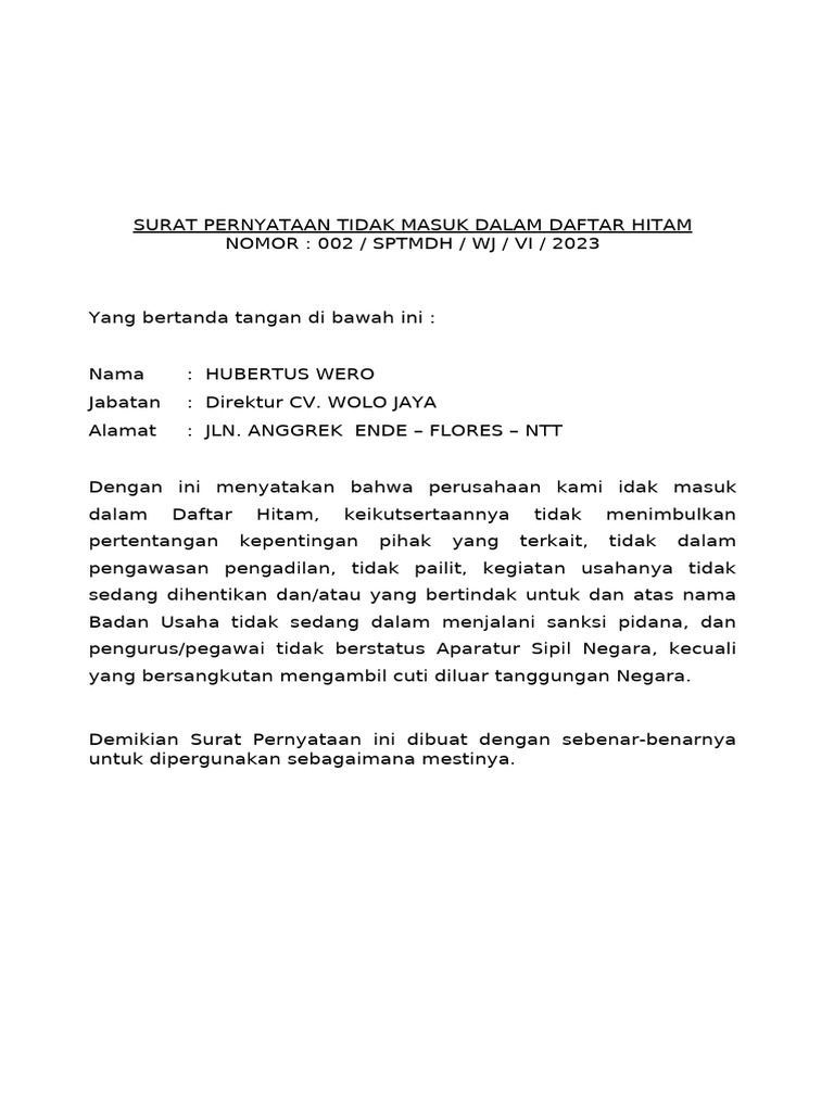 Surat Pernyataan Tidak Masuk Dalam Daftar Hitam | PDF