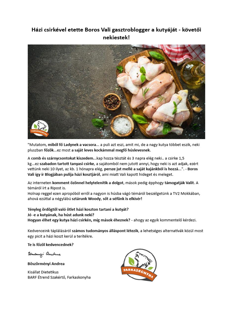 Házi Csirkével Etette Boros Vali Gasztroblogger A Kutyáját | PDF