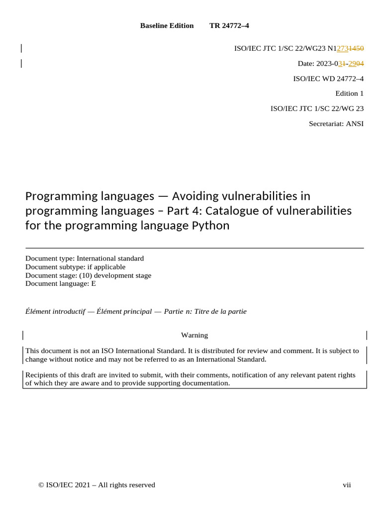 ISO IECJTC1 SC22 WG23 - N1273 tr24772 4 Python Vulnerabilities After MTG 20230329 | PDF