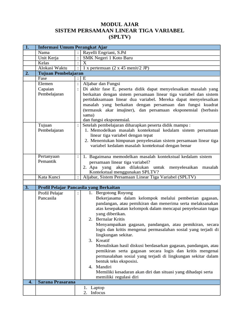 Modul Ajar SPLTV | PDF