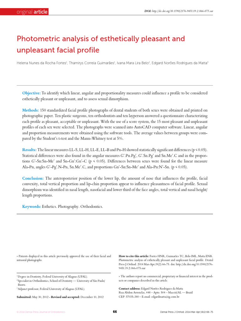 Photometric Analysis of Esthetically Pleasant and Unpleasant Facial ...