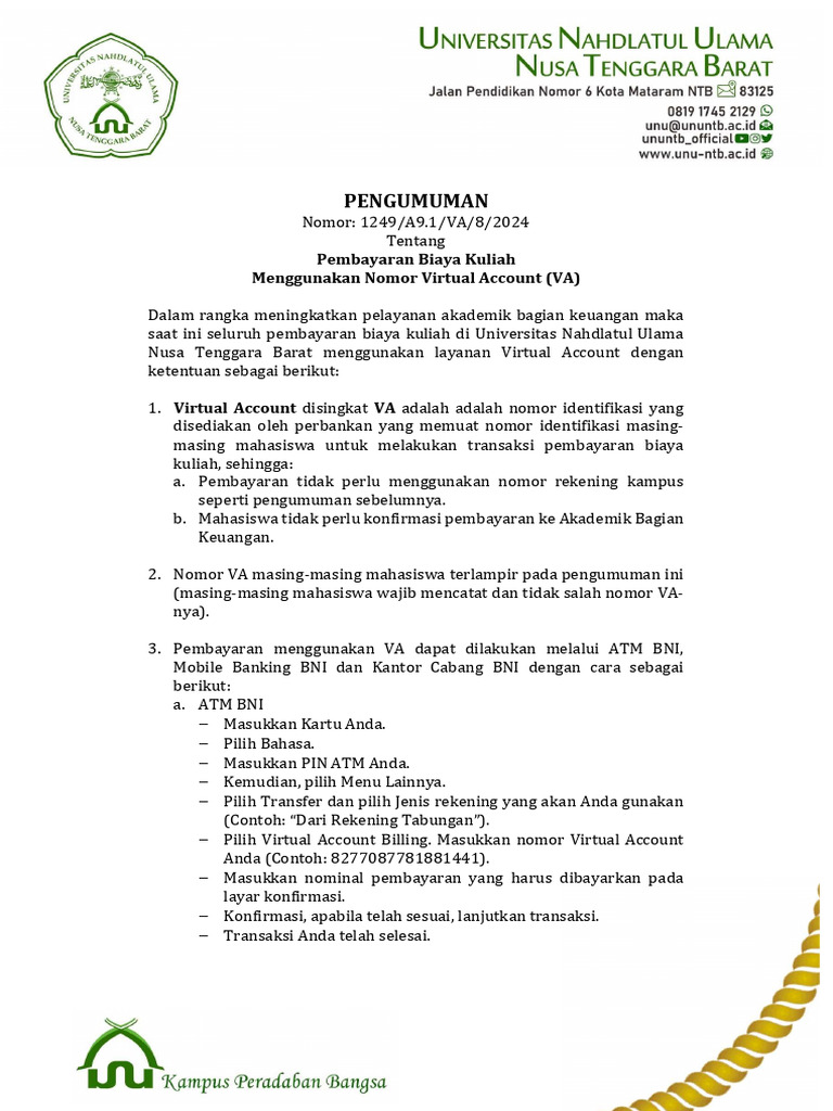 Pengumuman VA UNU NTB | PDF