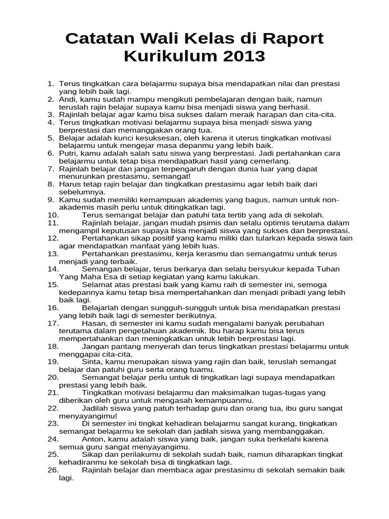 Catatan Wali Kelas di Raport Kurikulum 2013 | PDF