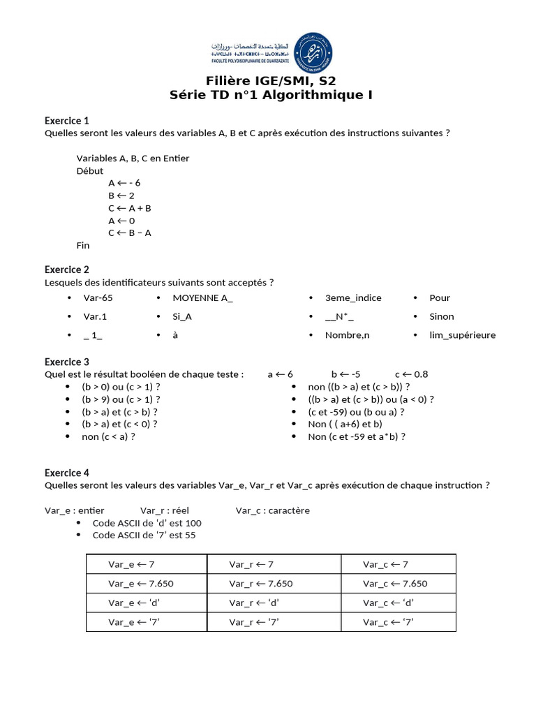 Algorithmique TD1 SMI SectionA S2 | PDF