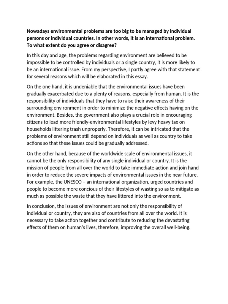 Nowadays Environmental Problems Are Too Big To Be Managed by Individual ...