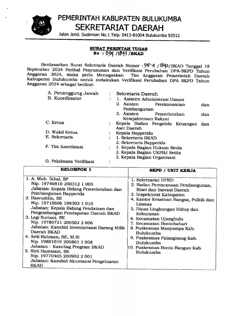 Surat Perintah Tugas Penyusunan Verifikasi Perubahan Dpa-Skpd T.A 2024 | PDF