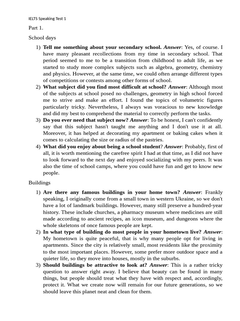 IELTS Speaking Test 1 | PDF