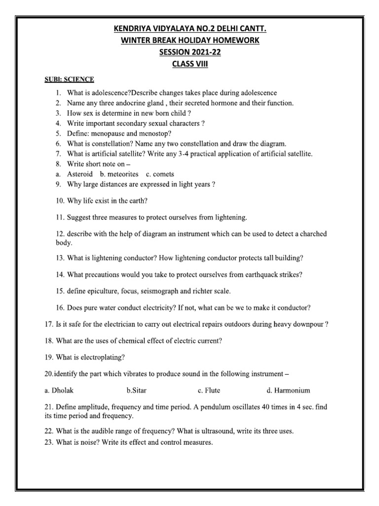 Science Holiday Homework | PDF