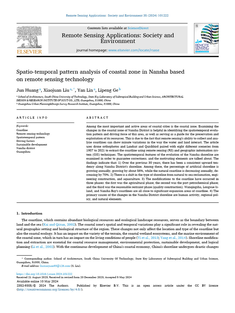 Spatio-Temporal Pattern Analysis of Coastal Zone in Nansha Based On Remote Sensing Technology | PDF