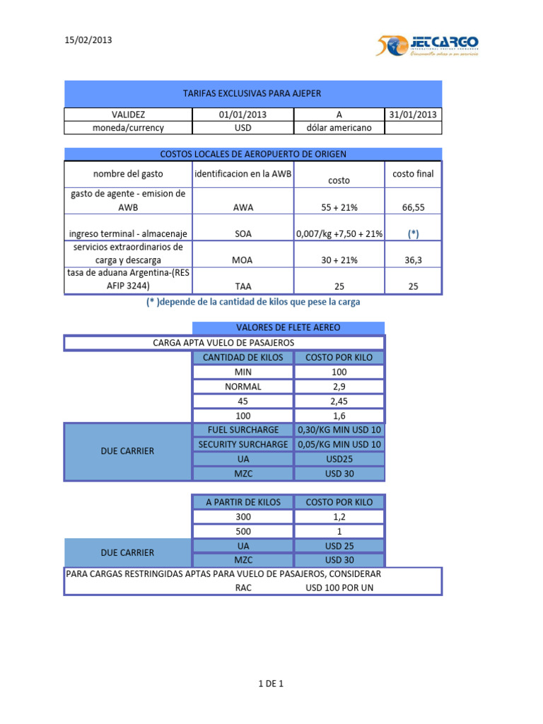Tarifas para Ajeper-Febrero 2013 | PDF