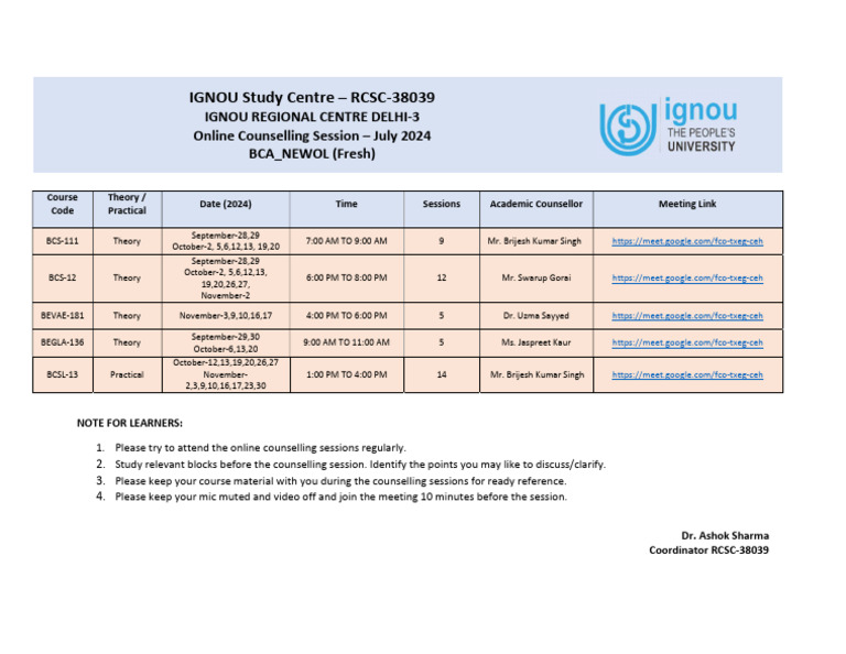 IGNOU BCA Online Sessions Schedule | PDF