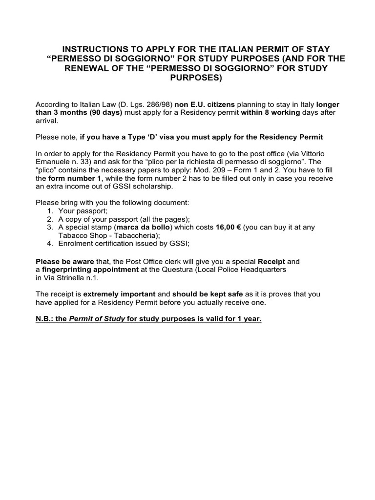 All 1 Instructions To Apply For The Italian Permit of Stay | PDF