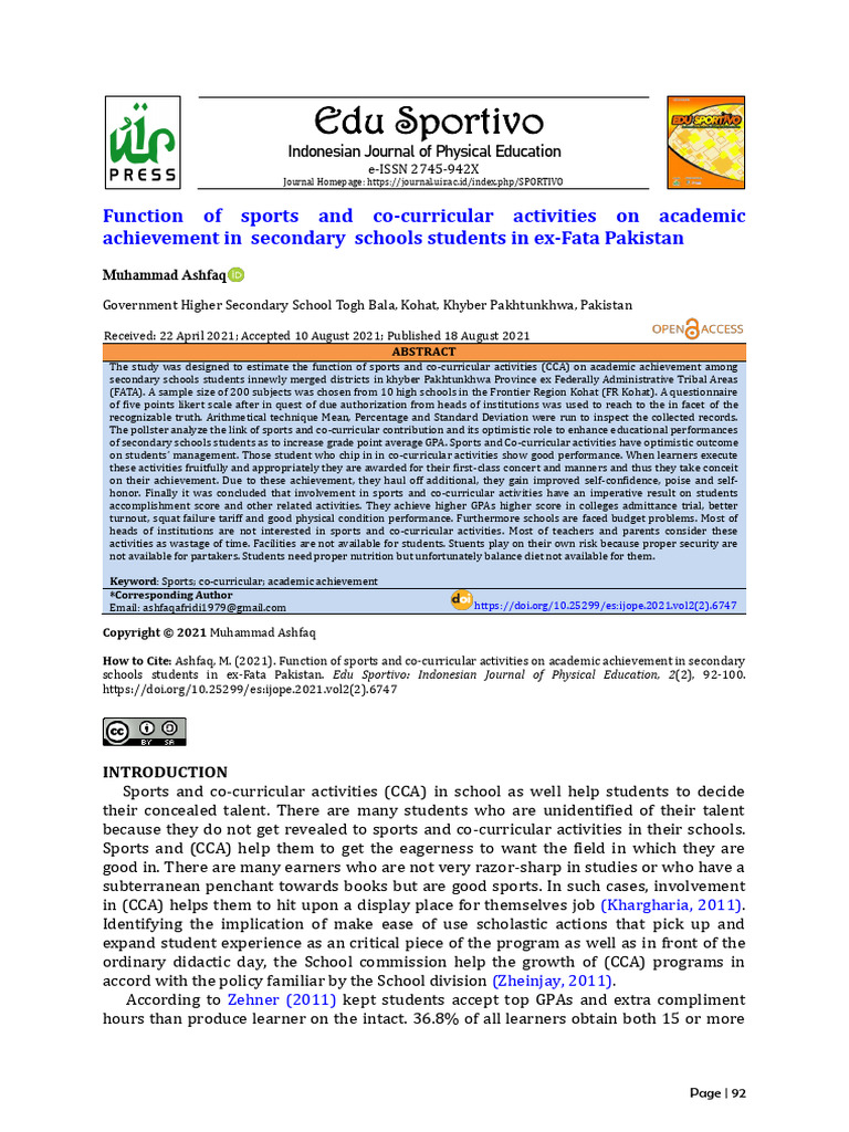 Function of Sports and Co-Curricular Activities On | PDF | Descriptive ...