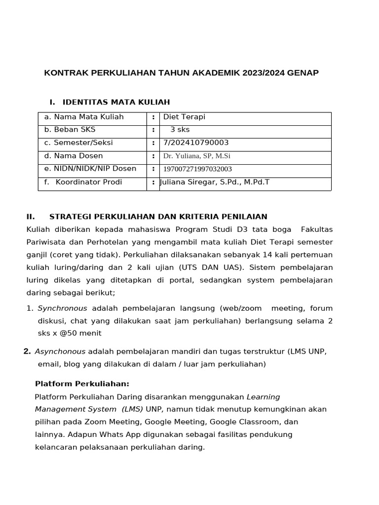 Kontrak Perkuliahan Tahun Akademik 2023 2024 Genap | PDF