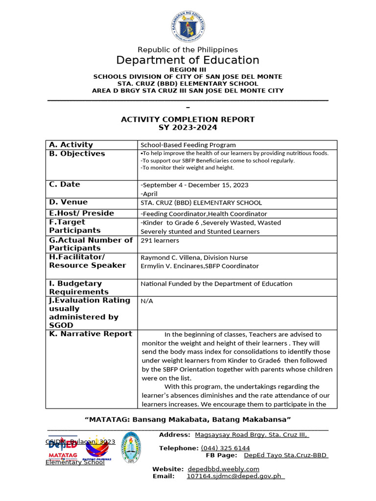 Activity Comp (Letion Report On SBFP Sy 2023-2024 | PDF