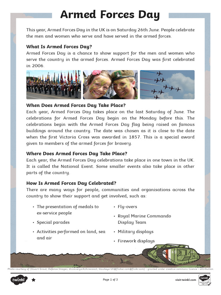 KS2 Armed Forces Day Differentiated Reading Comprehension Activity | PDF