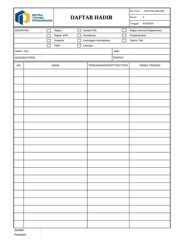 MTP-FM-HSE-006 Form Daftar Hadir | PDF