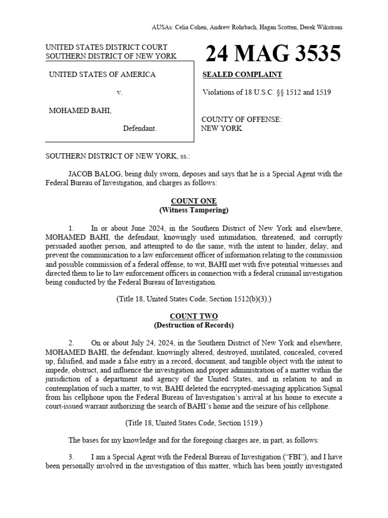 Mohamed Bahi Charged in Federal Complaint | PDF | Title 18 Of The ... Mohamed Bahi Charged in Federal Complaint | PDF | Title 18 Of The ...