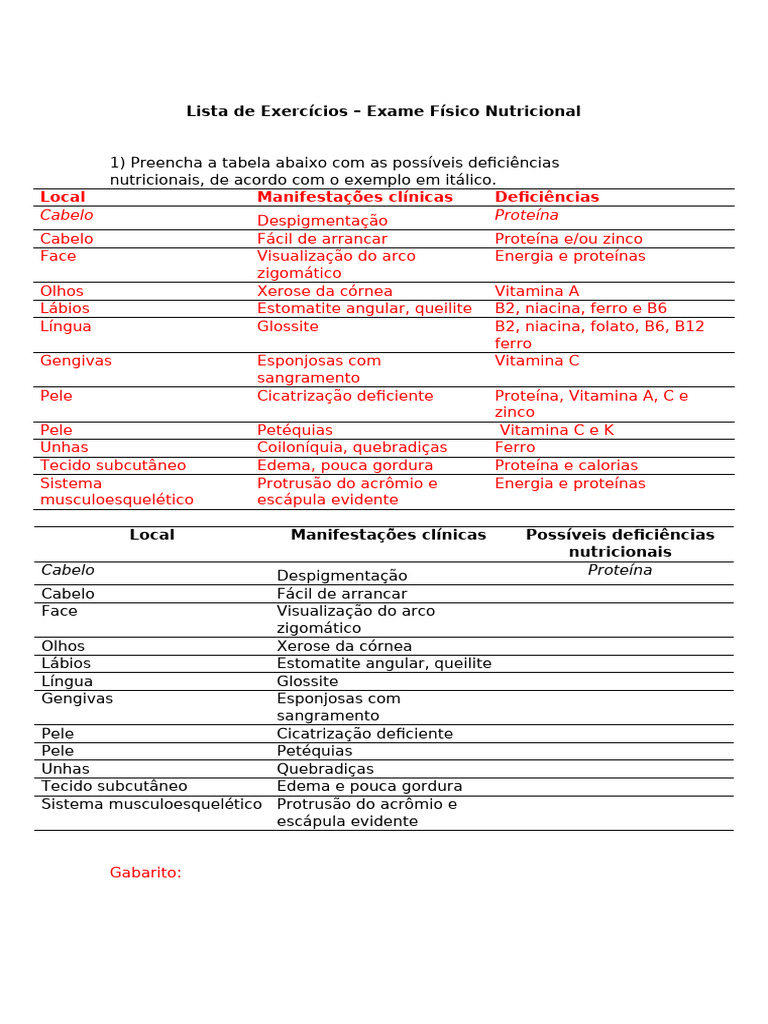 Lista de Exercicios - Exame Fisico Nutricional Gabarito | PDF | Suplementos dietéticos ...